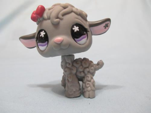 LIKE NEW Littlest Pet Shop 477 Grey LAMB SHEEP Purple Eyes and Pink Bow ...